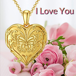 SOULMEET 18k Gold Plated Silver Butterfly Heart Locket Necklace That Holds 2 Picture,20" (Locket only)