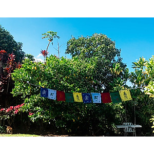 Buddha of Compassion Tibetan Prayer Flags Om Mani Padme Hum Set of 10 Five Tibetan Traditional Colors which are Yellow, Green, red, White and Blue. Each Color Represents an Element.