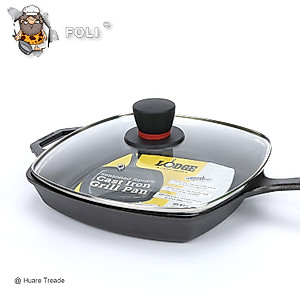 FOLI Square Glass Lid for Grill Pans with Steam Vent Hole - Fits Lodge Cast Iron Skillets 10.5inch(26.67cm) - Square Tempered Glass Lid - Universal Replacement Cover Bakelite Round Knob