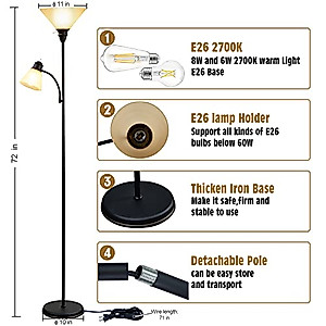 GyroVu Floor Lamp, Standing Lamp, Torchiere Floor Lamp with 8W Main Light & 6W Adjustable Reading Lamp, 2700K Eye-Caring Warm Lamps, 72" Floor Lamps for Living Room, LED Bulbs Included(Black)