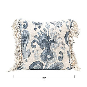Creative Co-Op Stonewashed Woven Cotton Blend Ikat Pattern & Tassels, Blue & Cream Color Pillow, 1 Count (Pack of 1), Blue & Grey