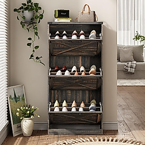 Maupvit 24" W Farmhouse Shoe Cabinet Storage for Entryway, Freestanding Organizer with 3 Flip Drawers, Narrow Shoe Rack Cabinet with Metal Corner Decoration, Dark Rustic Oak