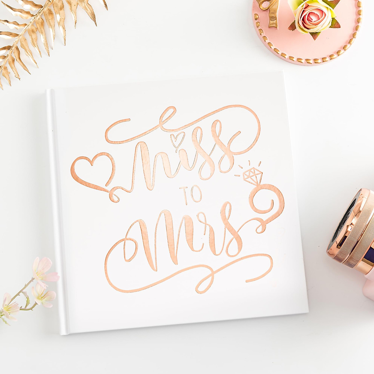 Calculs Bridal Shower Guest Book Miss to Mrs Picture Book Polaroid Blank Pages for Instant Film Rose Gold Bachelorette Party Sign in Book 8.5” Square White Cover Rose Gold Foil Stamping