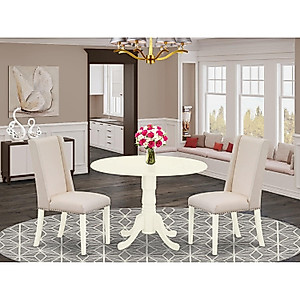 East West Furniture DLFL3-WHI-01 3 Piece Kitchen Table Set Contains a Round Dining Room Table with Dropleaf and 2 Cream Linen Fabric Upholstered Chairs, 42x42 Inch, Linen White