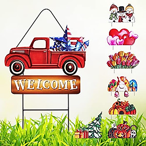 Whaline 4th of July Metal Yard Stakes Patriotic Yard Sign Spring Welcome Garden Stake Interchangeable Red Truck Garden Decor Set with Seasonal Sign Loads for Spring Fall Halloween Christmas, Set of 9