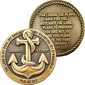 Anchored in Christ, The Lord is My Rock, I Know The Plans I Have for You, Antique Gold Plated Challenge Coin, Jeremiah 29:11 Graduation Gift