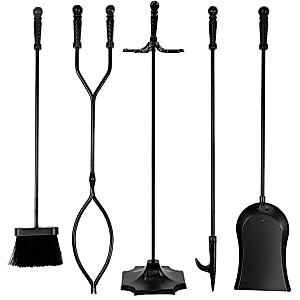 Tangkula 32 inch Fireplace Set 5 Piece Rustic Heavy Duty Compact Wrought Iron Fire Place Tool Set with Pedestal Place, Hearth Tool