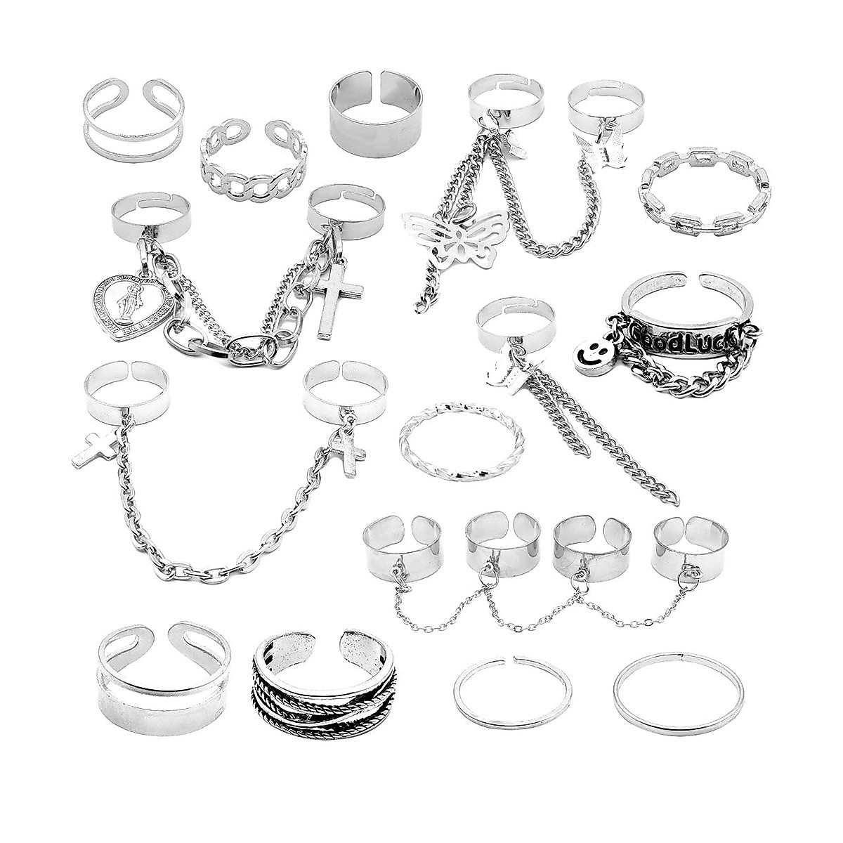 17Pcs Adjustable Punk Chain Rings Set， Vintage Knuckle Gothic Rings Set Alloy Biker Obsidian Chain Open Rings, Stackable Hollow Carved Finger Rings Midi Rings Joint Jewelry for Women (Silver)