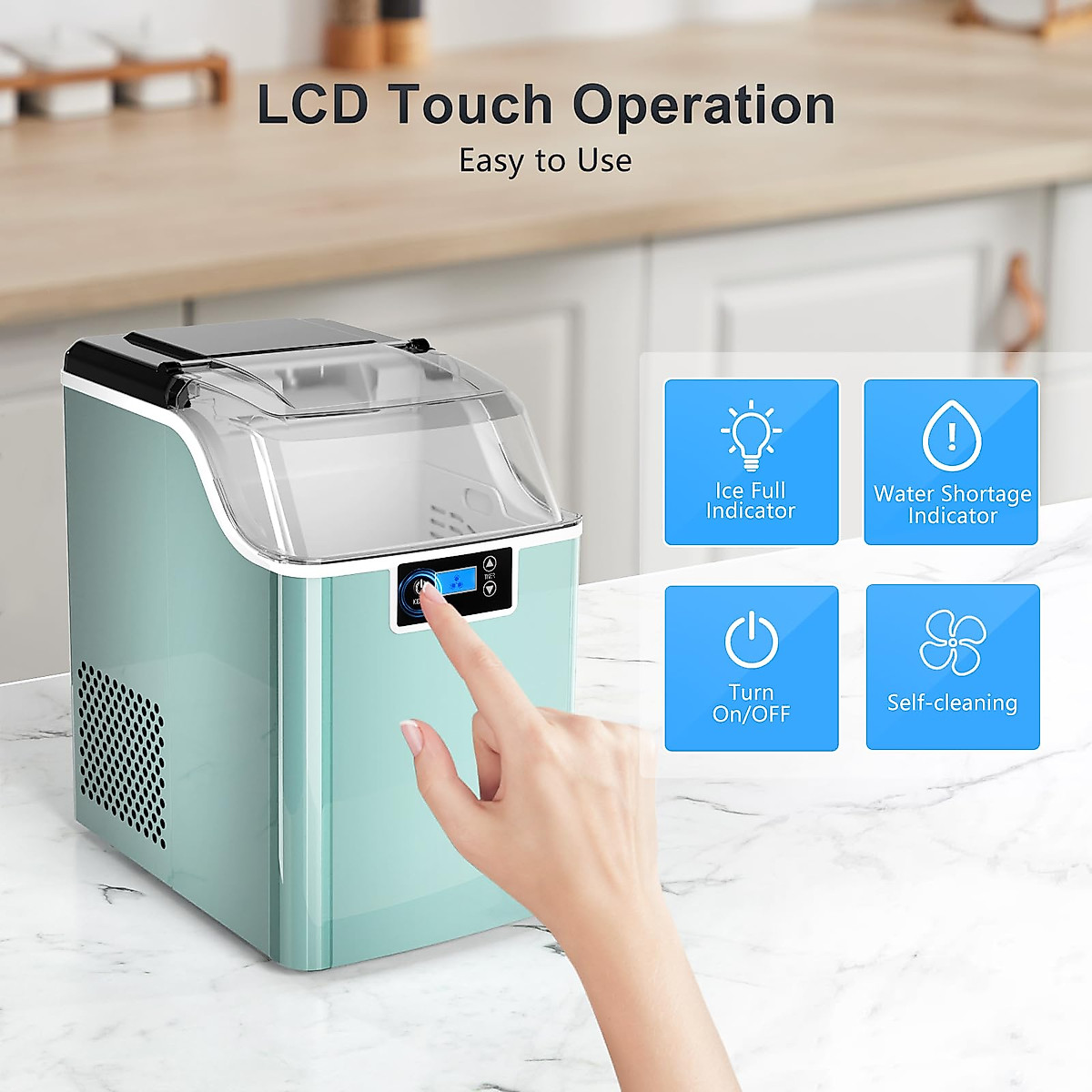 Nugget Ice Makers Countertop, 45lbs/Day Portable Ice Maker for Party Chewable Pellet Ice Maker Machine with Self-Cleaning, 3.3lbs Basket, LCD Screen, Cushed Ice Maker for Kitchen,Stainless Steel Green