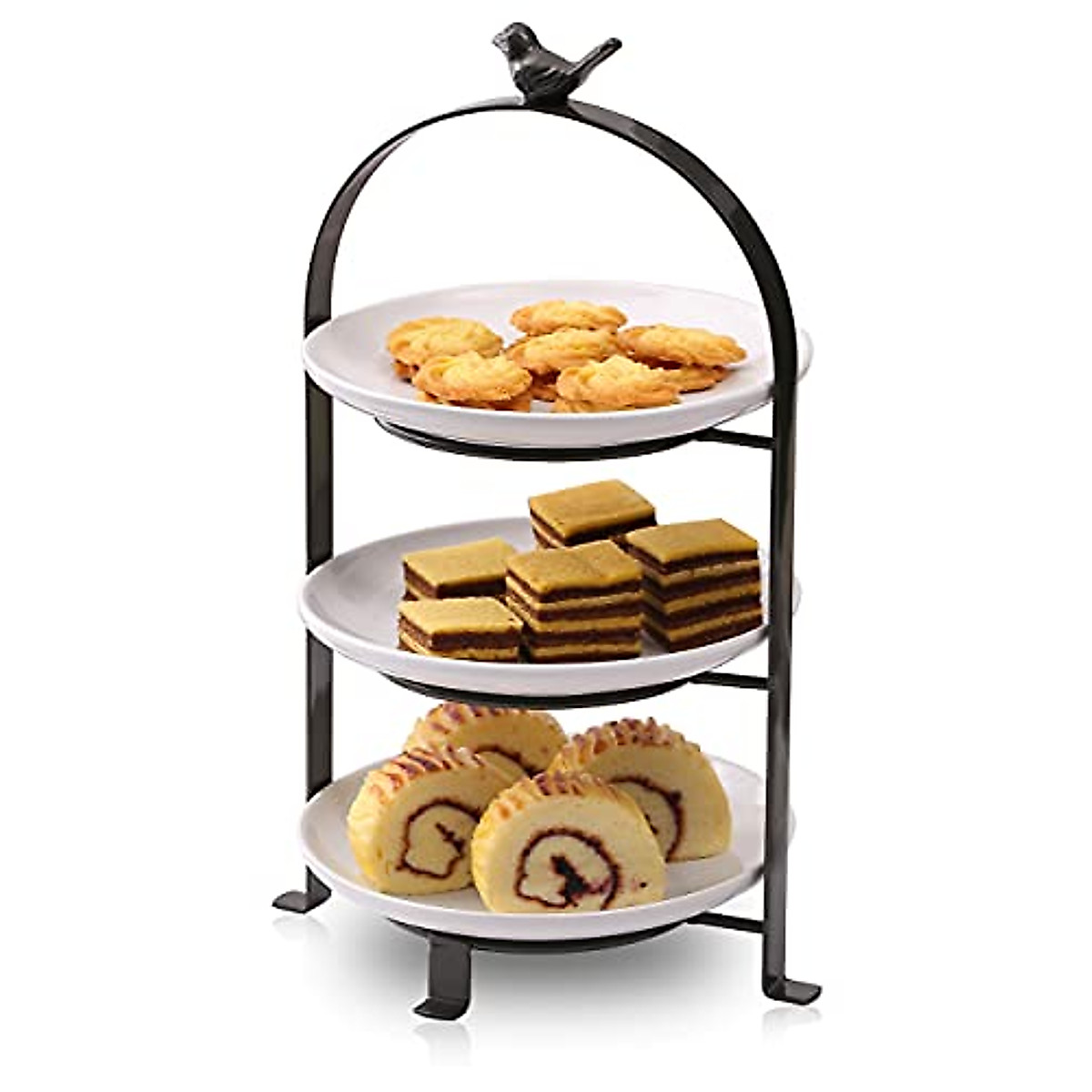 SparkWorks 3 Tiered Cake Stand, Tea Party Serving Platter, Dessert and Cupcake Stand, Metal Tiered Serving Stand Includes Three Premium White Stoneware Plates