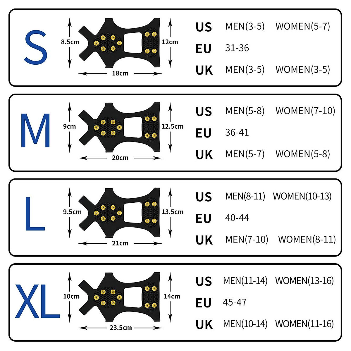 XYZLH Ice Cleats, Ice Grips Traction Cleats Grippers Non-Slip Over Shoe/Boot Rubber Spikes Crampons with 10 Steel Studs Crampons + 10 Extra Replacement Studs (Black, Small)
