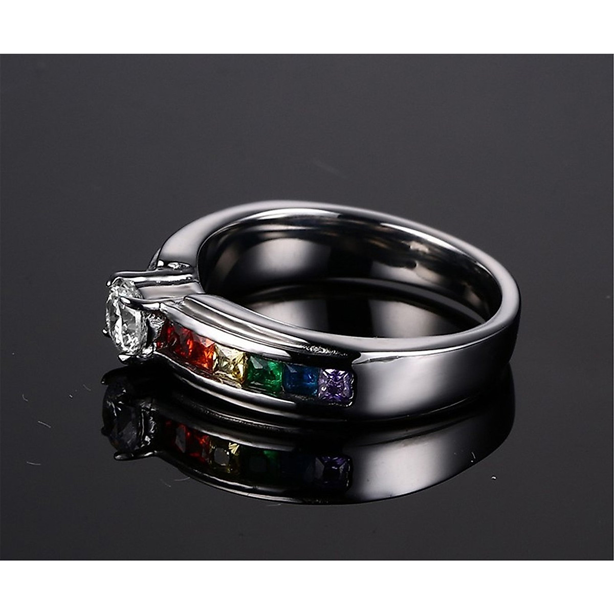JAJAFOOK 316L Stainless Steel LGBT Gay& Lesbian Pride Rainbow CZ Cubic Zirconia Wedding Engagement Rings