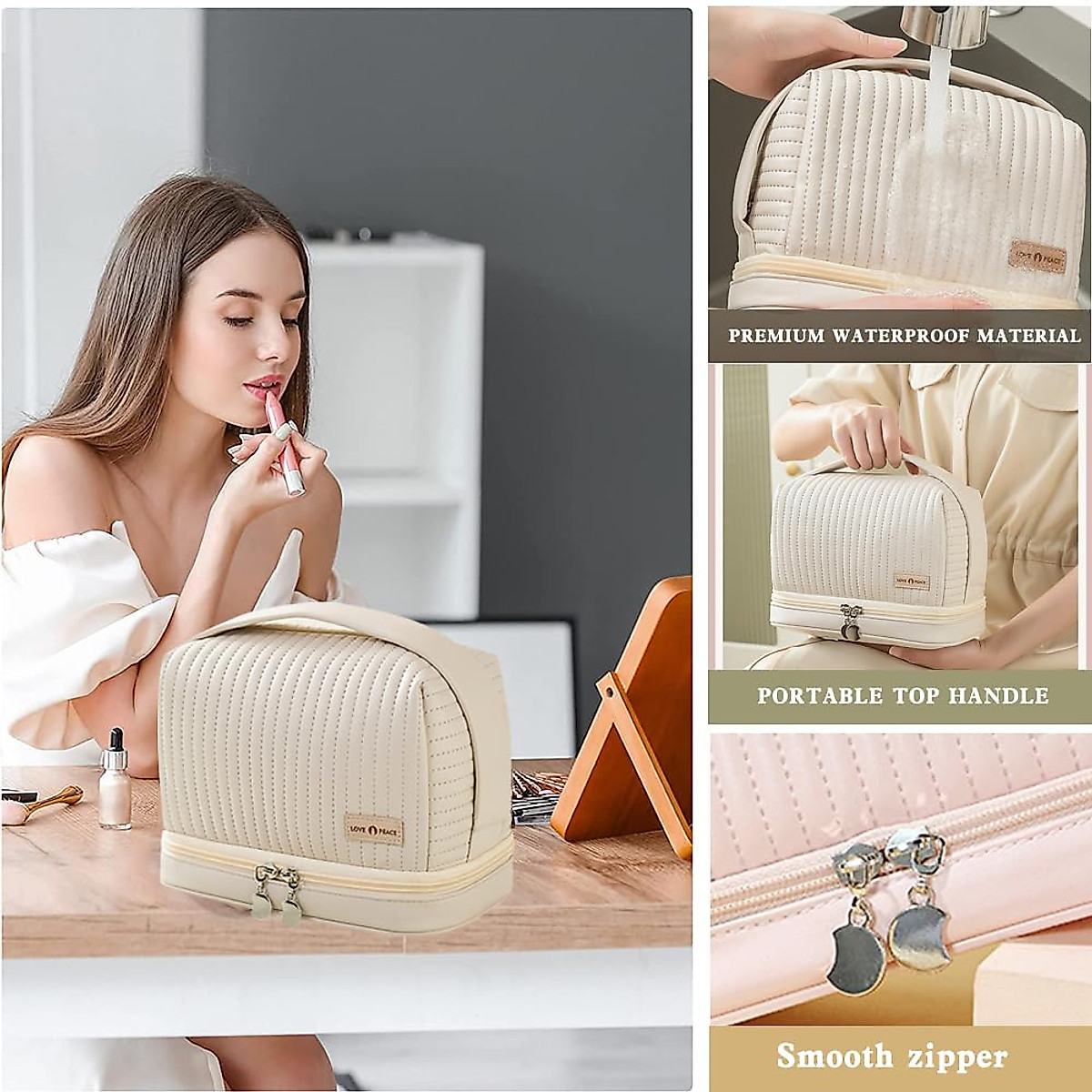 Cute Cosmetic Bag Makeup Bag Set of 3 Travel Toiletry Bag Women Cosmetic Bag Organizer Waterproof Leather Cosmetic Bag Set With Handle Zipper Cosmetic Bag On-the-Go Cosmetic Bag(Off-white color)