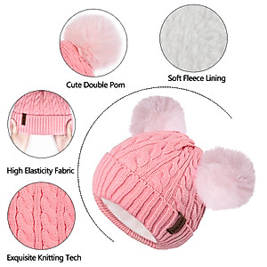 Kids Winter Hats Gloves Scarf Set for Girls Toddler Beanie Baby Neck Warmer Warm Thick Fleece Lining Thermal Pink Knit Cap with Cute Pom Pom for 6-10 Years Old, Gifts for Childrens