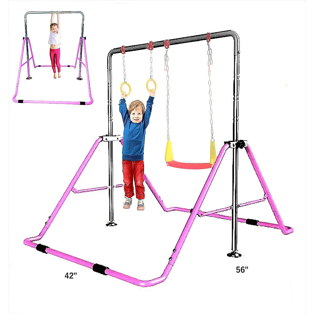 Kids Home Gymnastics Bar Jungle Gym 3 in 1 Set Deluxe Swing Seat, Trapeze Rings, Horizontal Kip Bar Height Adjustable Monkey Bar, Expandable Junior Training Gymnastic Balance Bar, Swing Set (Pink)