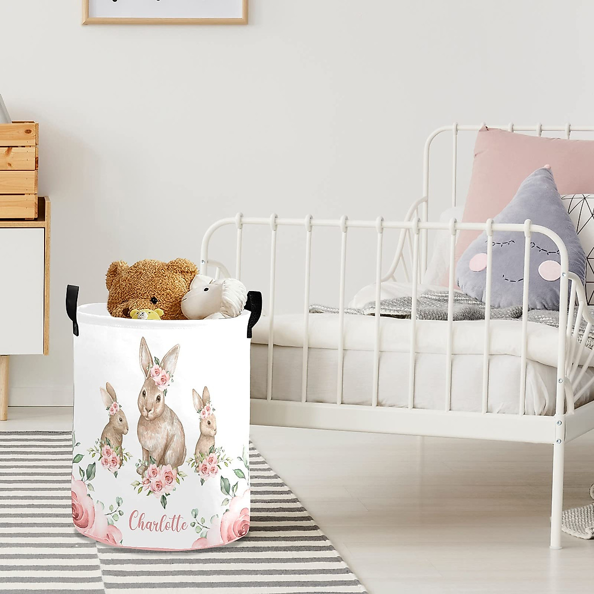 Personalized Laundry Basket Hamper,Floral Bunny Rabbit,Collapsible Storage Baskets with Handles for Kids Room,Clothes, Nursery Decor