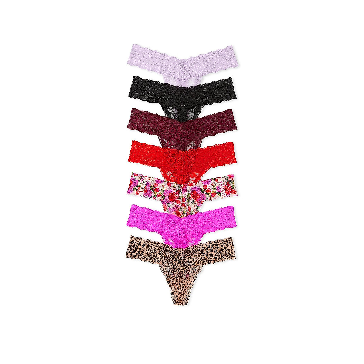 Victoria's Secret Lace Thong Panty Pack, Lay Flat Lace, Underwear for Women, 7 Pack, Playful Solids & Prints (XL)