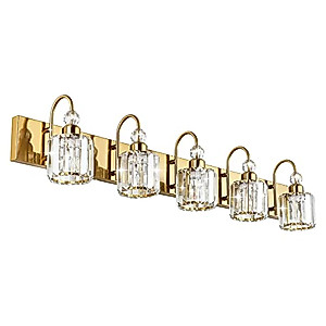 Ralbay Crystal Bathroom Vanity Lights 5-Lights Brass Gold Crystal Bathroom Vanity Lights Over Mirror Modern Crystal Gold Bathroom Wall Lighting Fixtures