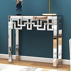 blingworld Silver Console Table with Mirrored Finished, Modern Glass Entryway Table Geometric Design, 32 inches Wide Decorative Small Console Table for Small Space