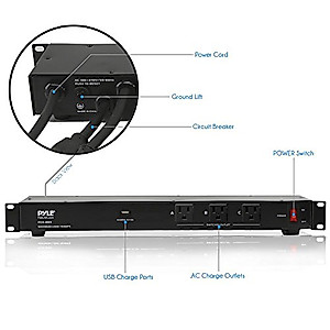 Pyle 19 Outlet 1U 19" Rackmount PDU Power Distribution Supply Center Conditioner Strip Unit Surge Protector 15 Amp Circuit Breaker USB Multi Device Charge Port 15FT Cord (PCO860) Black