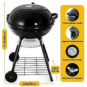 22 inches Outdoor Charcoal Grill Set of 12, Leonyo Large Kettle BBQ Charcoal Grill for Camping, Round Barbecue Grill Cooking Accessories with Charcoal Chimney Starter, Grill Cover, Tongs for Backyard