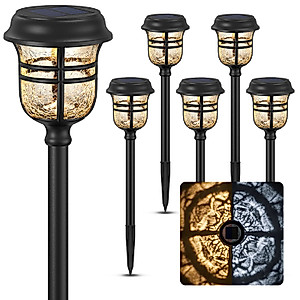 XMCOSY+ 6 Pack Solar Pathway Lights, Auto On/Off IP65 Waterproof LED Lights for Landscape, Patio, Lawn, Driveway (Warm & Cool White)