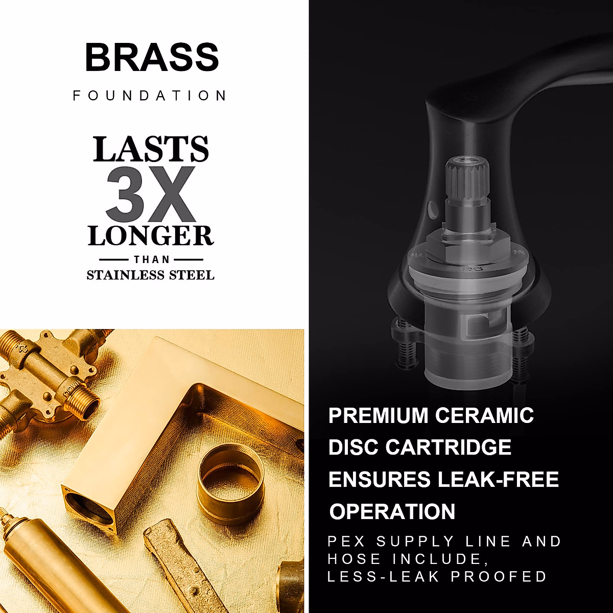 Black and Gold Bathroom Faucet 3 Hole, Lava Odoro 8 inch Widespread Bathroom Faucet 2 Handle Bathroom Sink Faucet Vanity Faucet with Drain Assembly Supply Line, BF405-GB