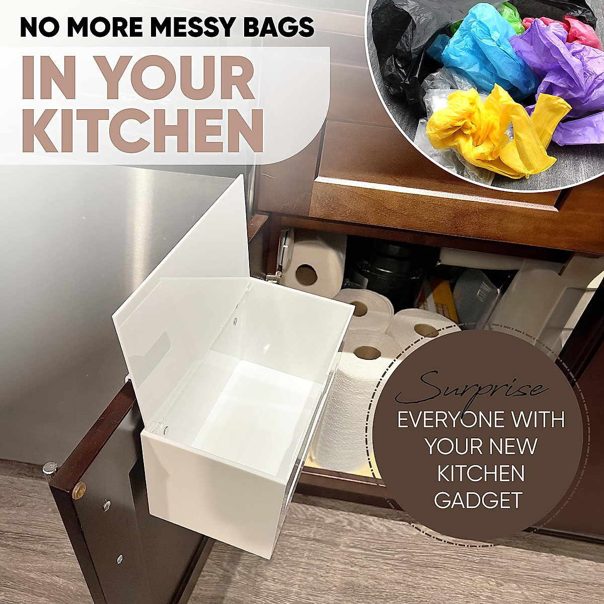 Essential BEMO - Trash Bag Holder Cabinet Door - Trash Bag Organizer Under Sink - Kitchen Trash Bag Dispenser Under Sink - Garbage Bag Dispenser Under Sink - Acrylic Trash Bag Dispenser Roll Holder