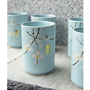 Ebros Gift Pack Of 6 Japanese Sakura Cherry Blossom Floral Branches Pastel Sky Blue Porcelain 10oz Tea Cup Set Teacups Home Kitchen Restaurant Decorative Accent