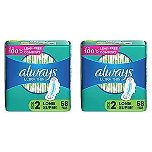 Always Ultra Thin Feminine Pads for Women, Size 2 Long Super Absorbency, with Wings, Unscented, 58 Count (Pack of 2)