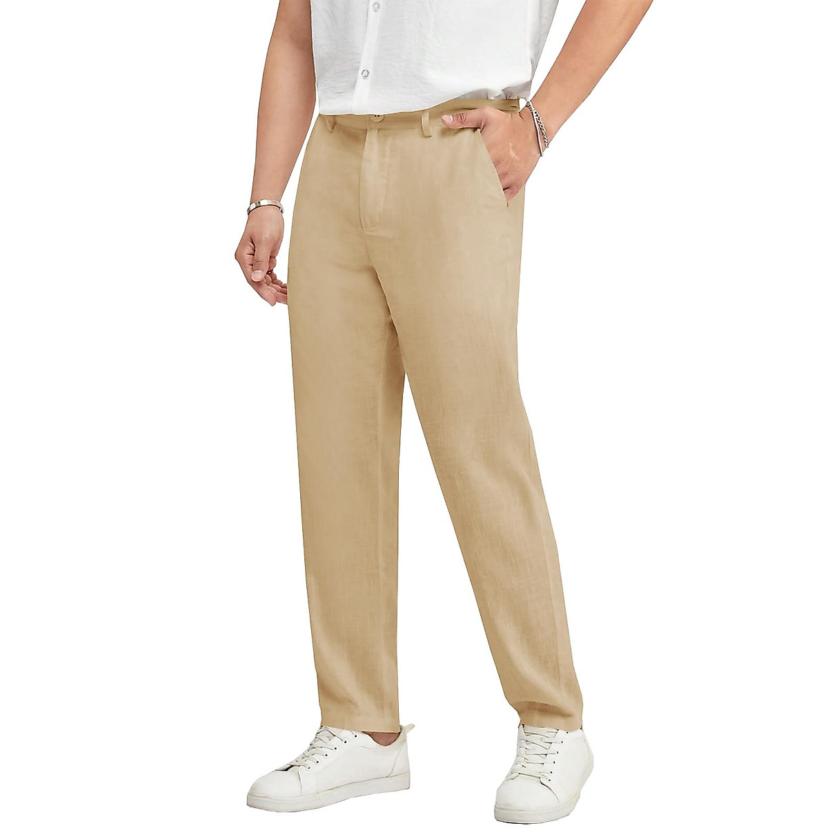 Ryannology Men's Casual Linen Pants Elastic Waist Slim Fit Beach Yoga Business Lightweight Cotton Trousers Pants with Pockets