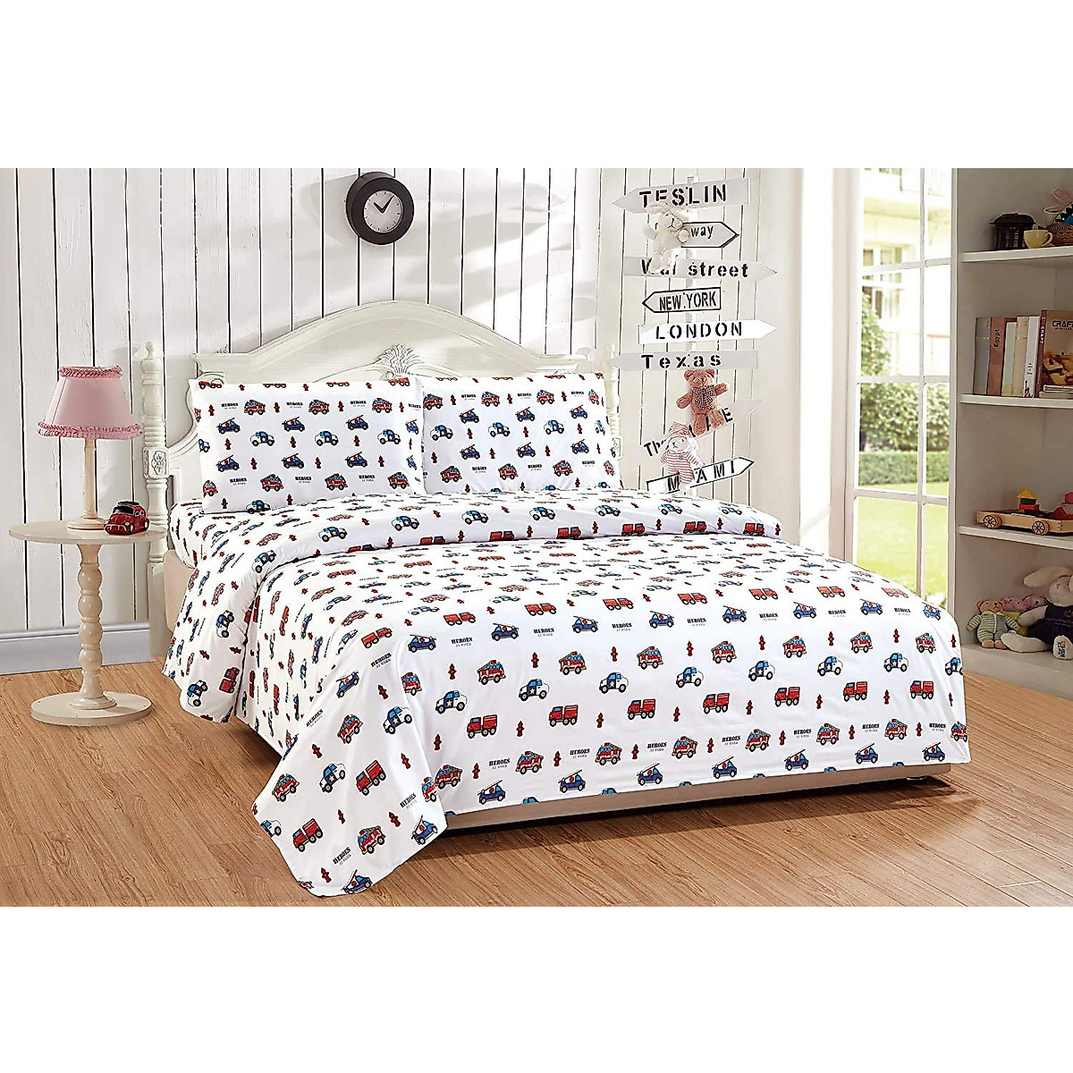 Mk Home 4 PC Full Size Sheet Set for Boys Heroes on Call Firetruck Police Car Ambulance Red Blue White New (Full)