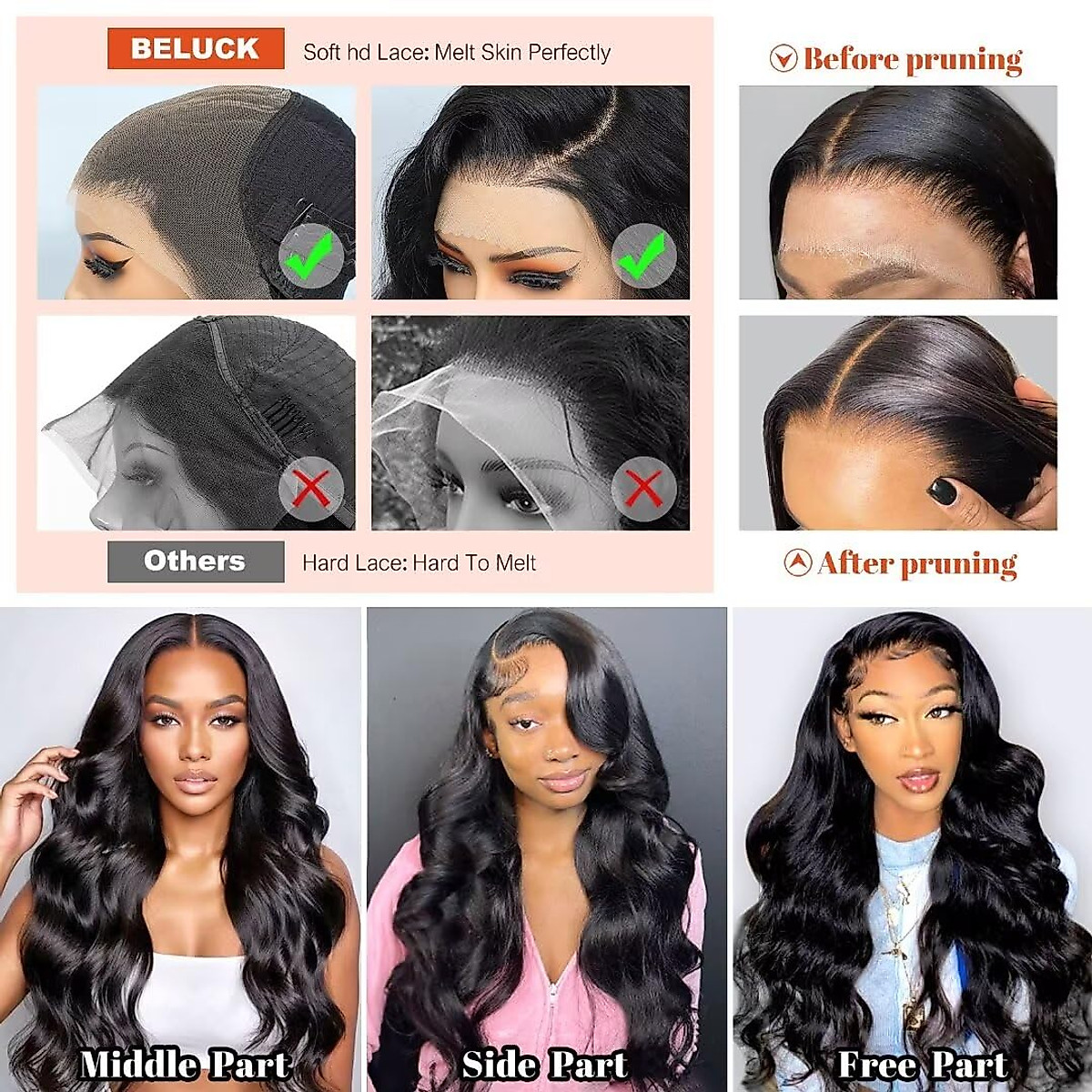 13x6.5 Full Glueless Wigs Human Hair Pre Plucked Pre Cut, Body Wave Lace Front Wigs Human Hair, 3D Dome Cap Ready To Wear Glueless Bleached Knots Lace Front Wig 24 Inch