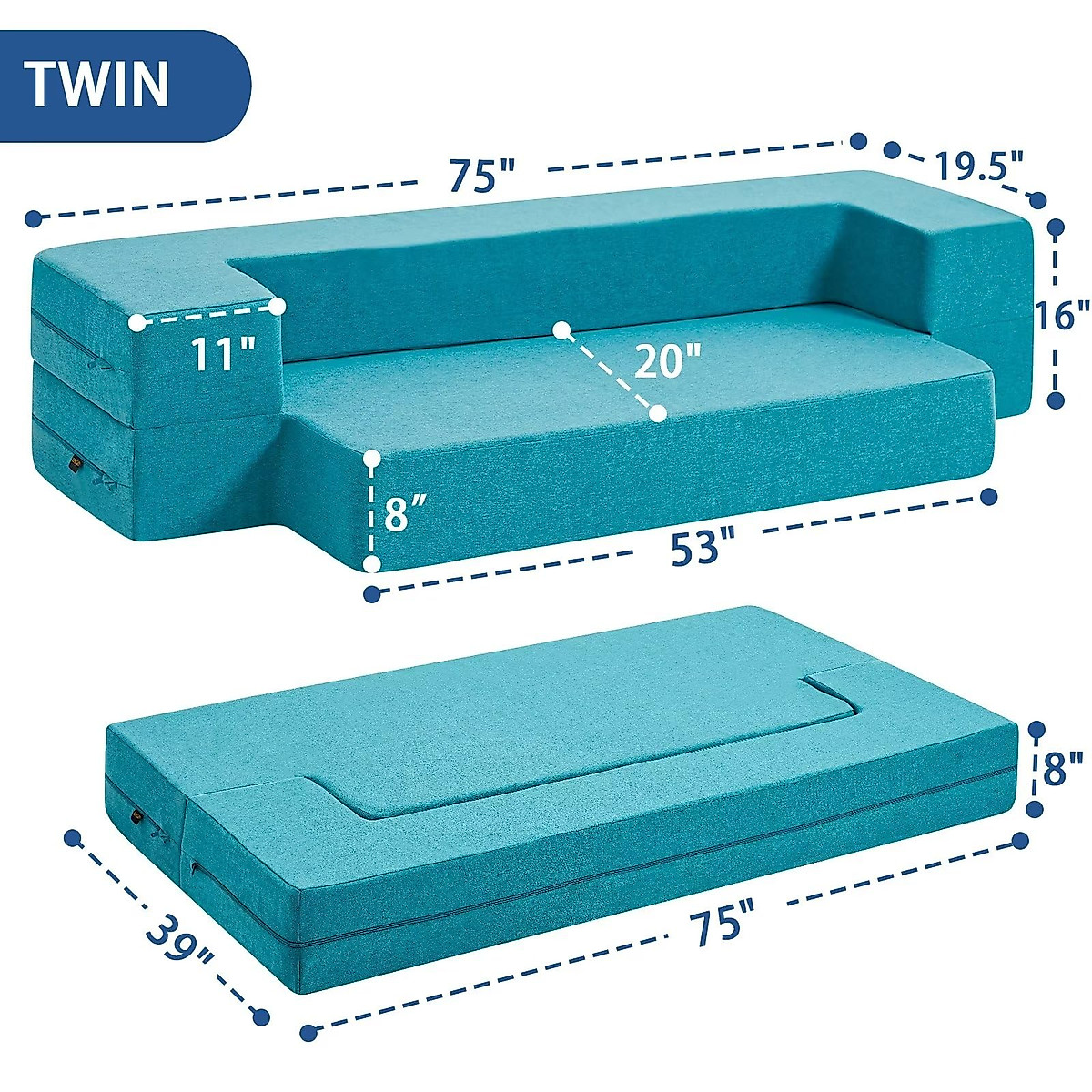 ILPEOD Floor Sofa Bed Futon Couch, Fold Out Couch Bed, Twin Size 8 Inch Memory Foam Folding Sofa Bed Couch, Sleeper Convertible Mattress and Frame for Bedrooms Living Room Gaming Bed, Blue