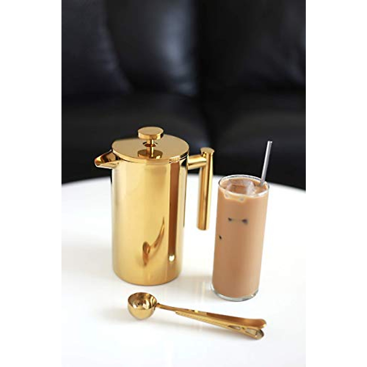 Vivine French Press Stainless Steel Double Walled Insulated Large 1L / 4 Cups of Coffee Lavish Gold Mirror Finish With Coffee Grounds Scoop 1 Tablespoon Dishwasher Safe