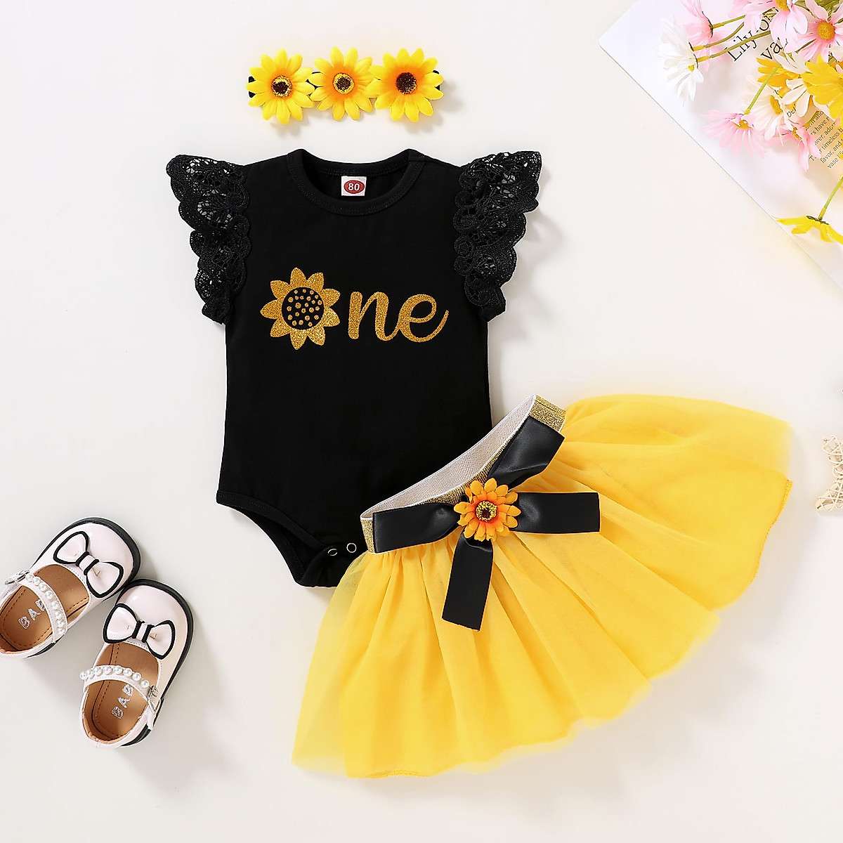 HAPPYMA Baby Girls One 1st Birthday Outfit Bee Romper Tulle Tutu Skirt Sets Sequin Bow Princess Party Dress Clothes (6-12 Months, Black B)