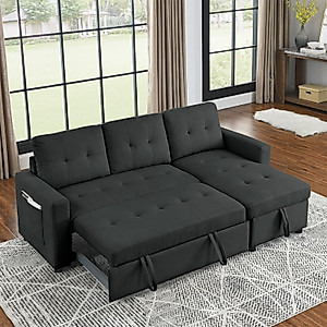 Sectional Couch,78.5 Inch Convertible 3-Seater Pull Out Sleeper Sofa Bed,Comfy Upholstered L-Shaped Couch,Modern Modular Sofa with Reversible Storage Chaise for Living Room/Apartment/Office(Black)