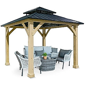 BBQ Gazebo Canopy Patiojoy 10'x10' Outdoor Patio Hardtop Gazebo Double Steel Roof Solid Wood Frame Grill Gazebo Shelter for Patio, Garden