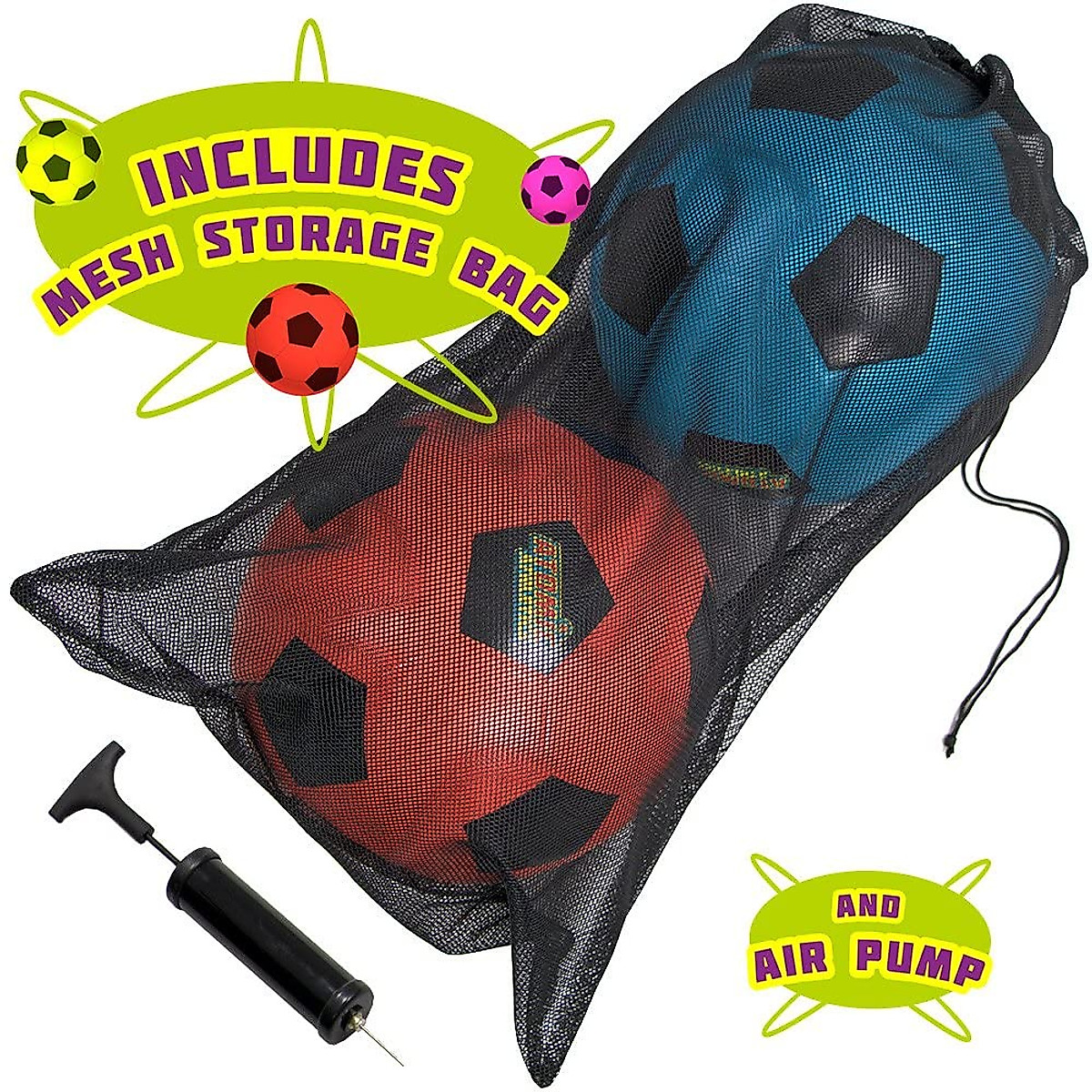 K-Roo Sports Atomic Athletics Neon Rubber Playground Balls - 6 Pack of Regulation Size, includes Pump & Storage Bag - Soccer Ball