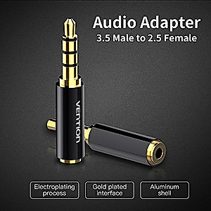 VENTION 2 Pack 3.5mm Male to 2.5mm Female Audio Travel Adapter Gold Plated Aux Auxiliary Plug Splitter 3 Ring Jack Support Microphone Earphone (Black) (3.5mm Male to 2.5mm Female)