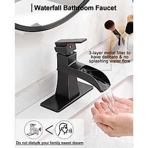 HOIGY Bathroom Waterfall Faucet, Brass Oil Rubbed Bronze Bathroom Faucet Single Handle, 4 Inch Bathroom Sink Faucet 1 Hole or 3 Holes, Bathroom Faucets with Pop-Up Drain & Deck Plate for RV Farmhouse