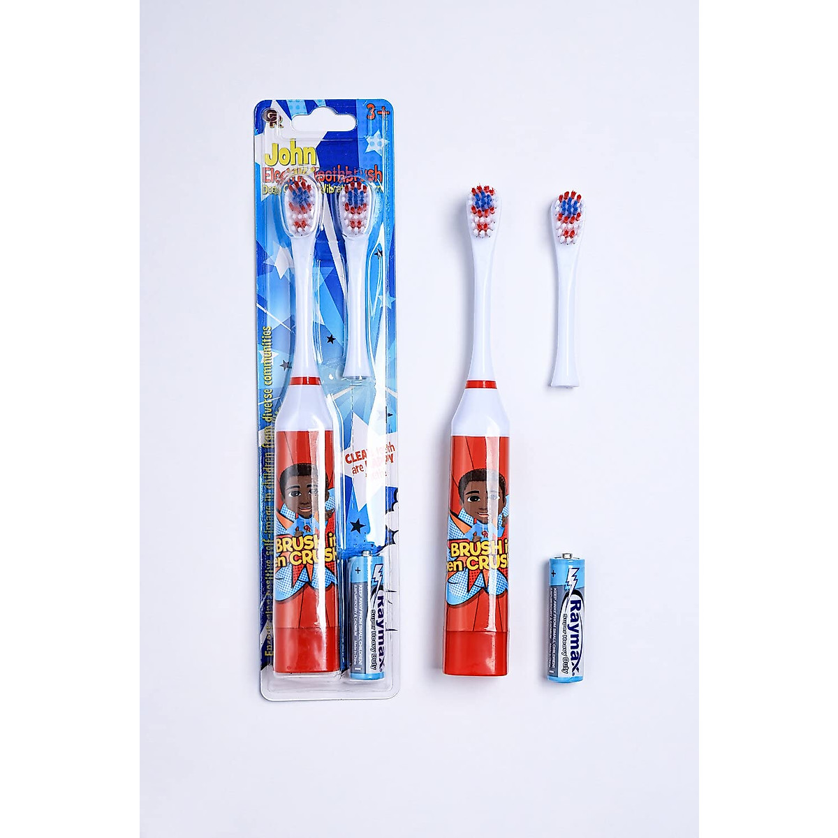 OUR REFLECTIONS Kids Battery Powered, 2 Toothbrush Heads, Soft Bristles, Ages 3 and up. (John Electric Toothbrush, Red)
