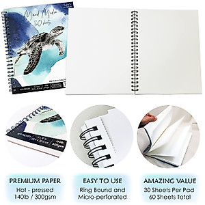 Mixed Media Pad Sketchbook - 2pk of 30 Sheets 9x12" - 60 Total 140lb/300gsm - Smooth Hot Pressed Watercolor Paper - Art Journal Spiral Bound Sketchpad - for Watercolor Paint, Acrylic, Pen, Pencil