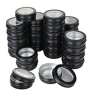 DAJAVE 30 Pack 2 Ounce Round Tin Cans, Black Round Tins Screw Lids Tin Cans with Clear Window, Metal Tin Containers Empty Tin Cans for Storing Spices, Candies, Candles, Gifts