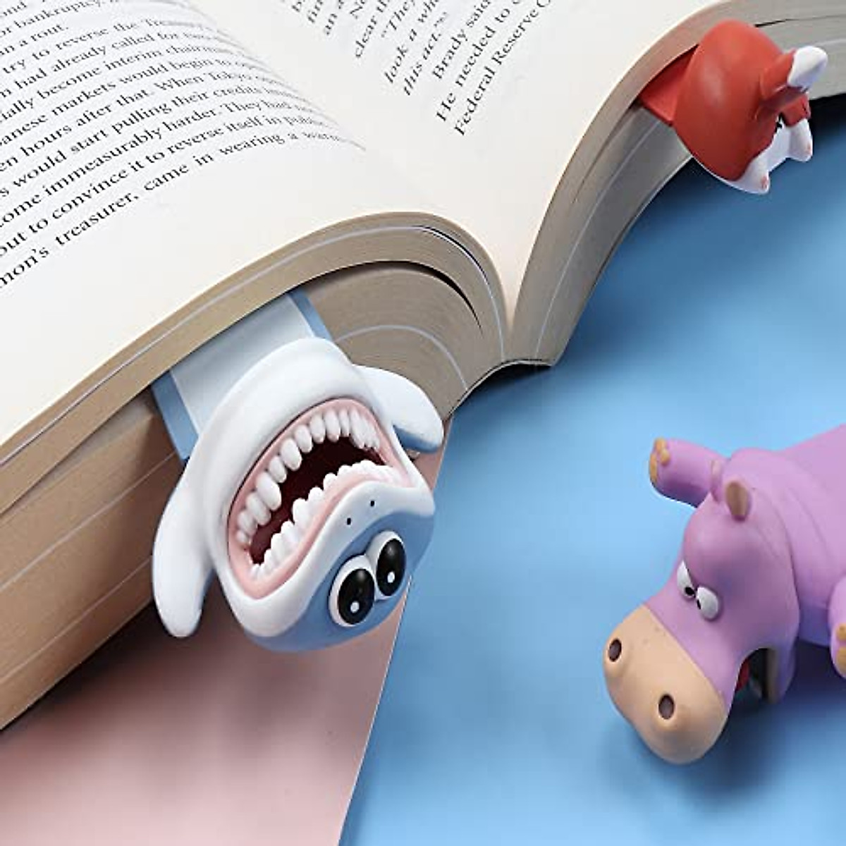 3 Pieces+ Gift 3D Animal Bookmarks for Kids and Students, Cute, Funny, Wacky, and Sturdy, Kawaii Stereo Cartoon Bookmarks -Hippo, Shark, Kitten , and Stick Markers for Notes