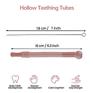 Fu Store Hollow Teether Tube, 6 Pack Chew Straw Toy for Infant Toddlers Silicone Tubes Teething Toys for Babies 3-12 Months BPA Free/Freezable/Dishwasher and Refrigerator Safe