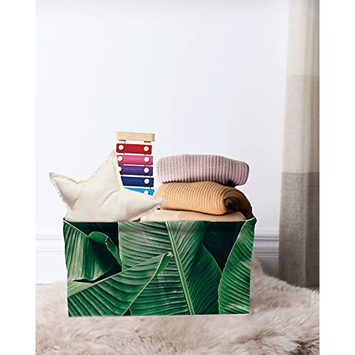 Storage Basket Summer Green Banana Leaves Storage Bin with Handles, Tropical Nature Plant Collapsible Organizer Storage Cubes Bins for Closet, Laundry Clothes, Bathroom, Nursery Toys