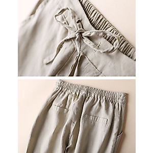 IXIMO Women's Tapered Pants 100% Linen Drawstring Back Elastic Waist Pants Trousers with Pockets Khaki XL