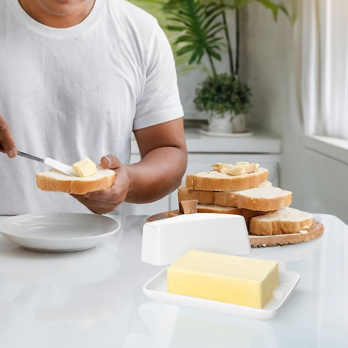 Flexzion Ceramic White European Butter Dish with Lid for Countertop (7 Inch) - Wide 2 Stick Double Butter Holder for Counter, Cream Cheese Container Storage Keeper