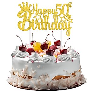 50th Birthday Cake Topper, Happy Birthday Cake Topper, Birthday Cake Toppers, Glitter Gold 50 Cake Topper, Happy 50th Birthday Cake Topper for 50th Fiftieth Birthday Party Decoration Supplies